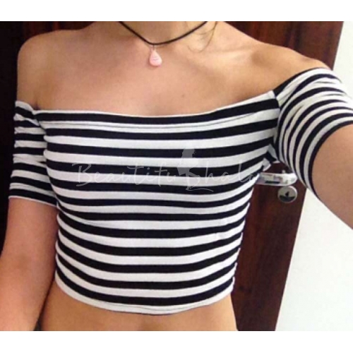 Off The Shoulder Short Sleeve Stripe Print Crop T Shirt